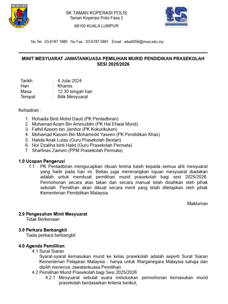 Minit Mesyuarat Permohonan Pra Sesi 2025 | PDF