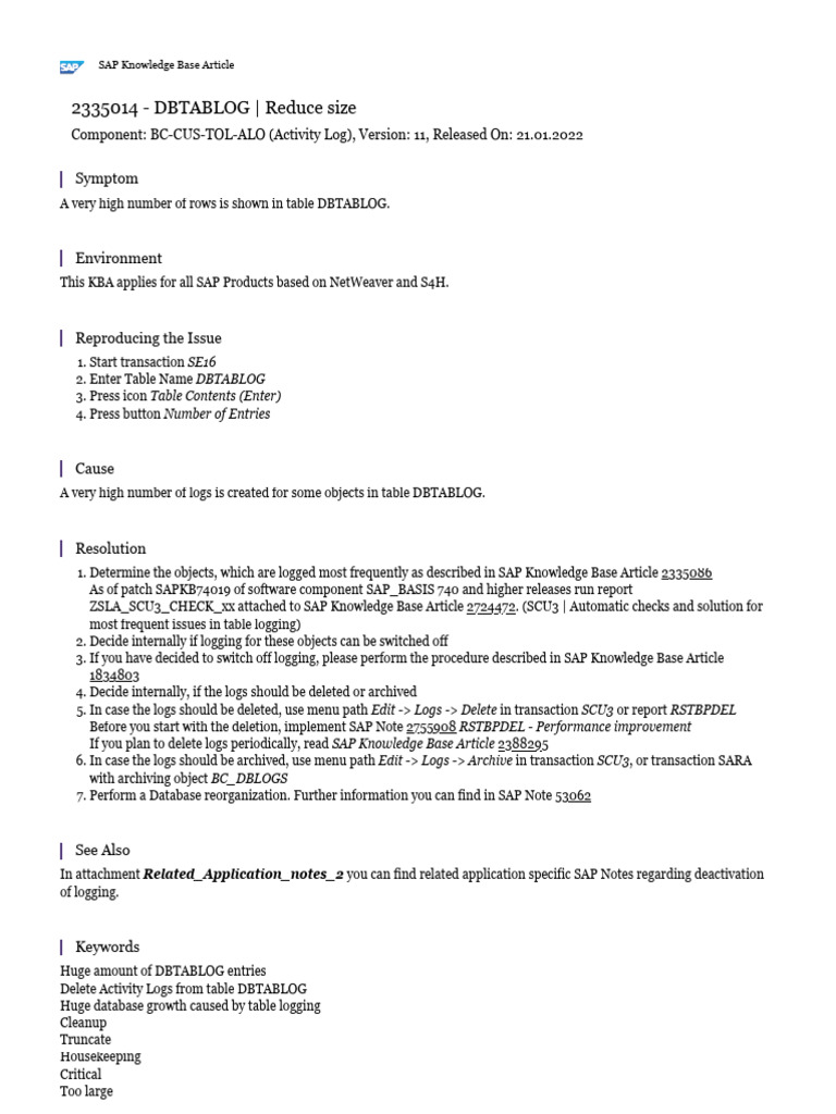 DBTABLOG Reduce Size | PDF | Database Transaction | Computing