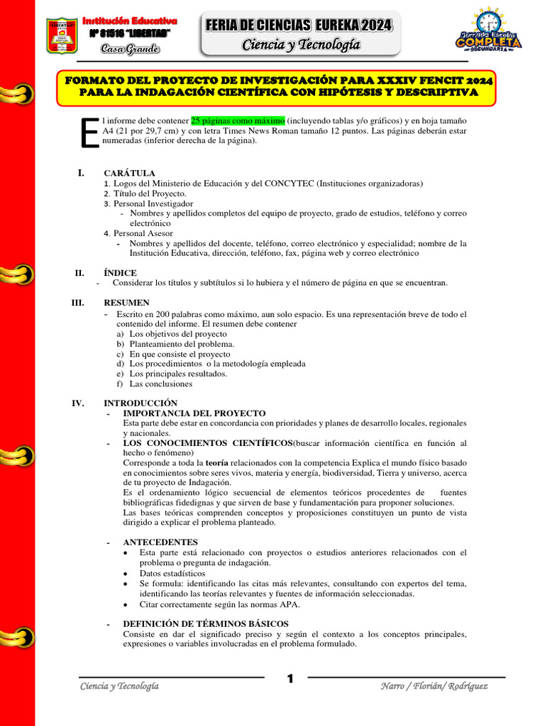 Formato de Informe Indagación Cientifica - Eureka 2024 | PDF ...