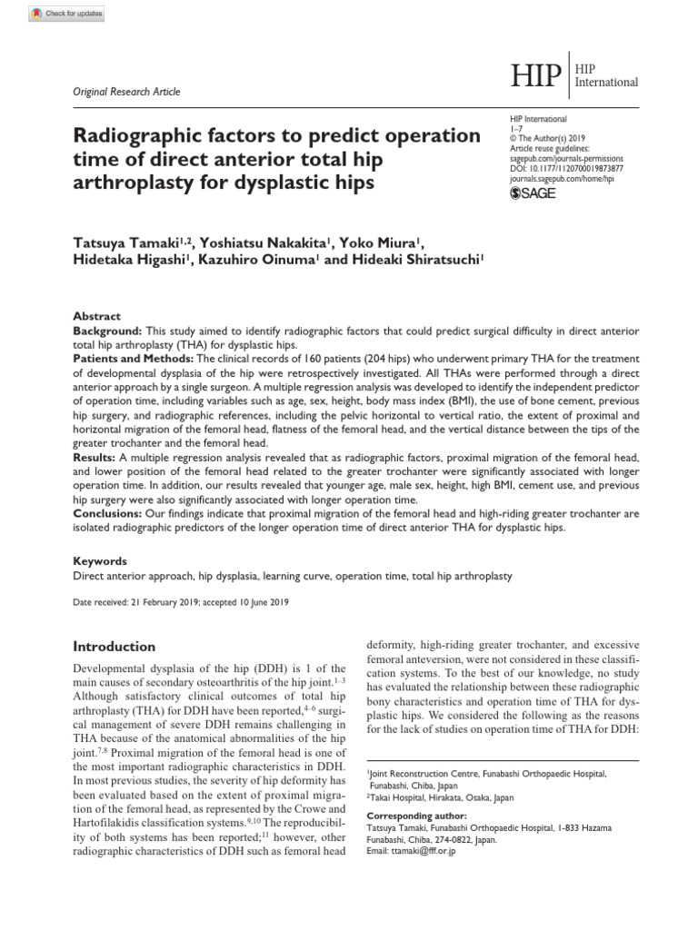 Radiographic Factors To Predict Operation Time of Direct Anterior Total Hip Arthroplasty For ...