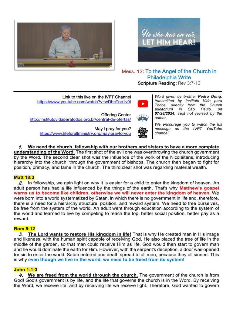 Mess. 12 - To The Angel of The Church in Philadelphia Write (07.28.2024 ...