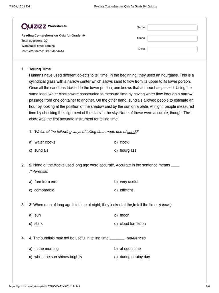 Reading Comprehension Quiz For Grade 10 | PDF | Clock | Rhinology