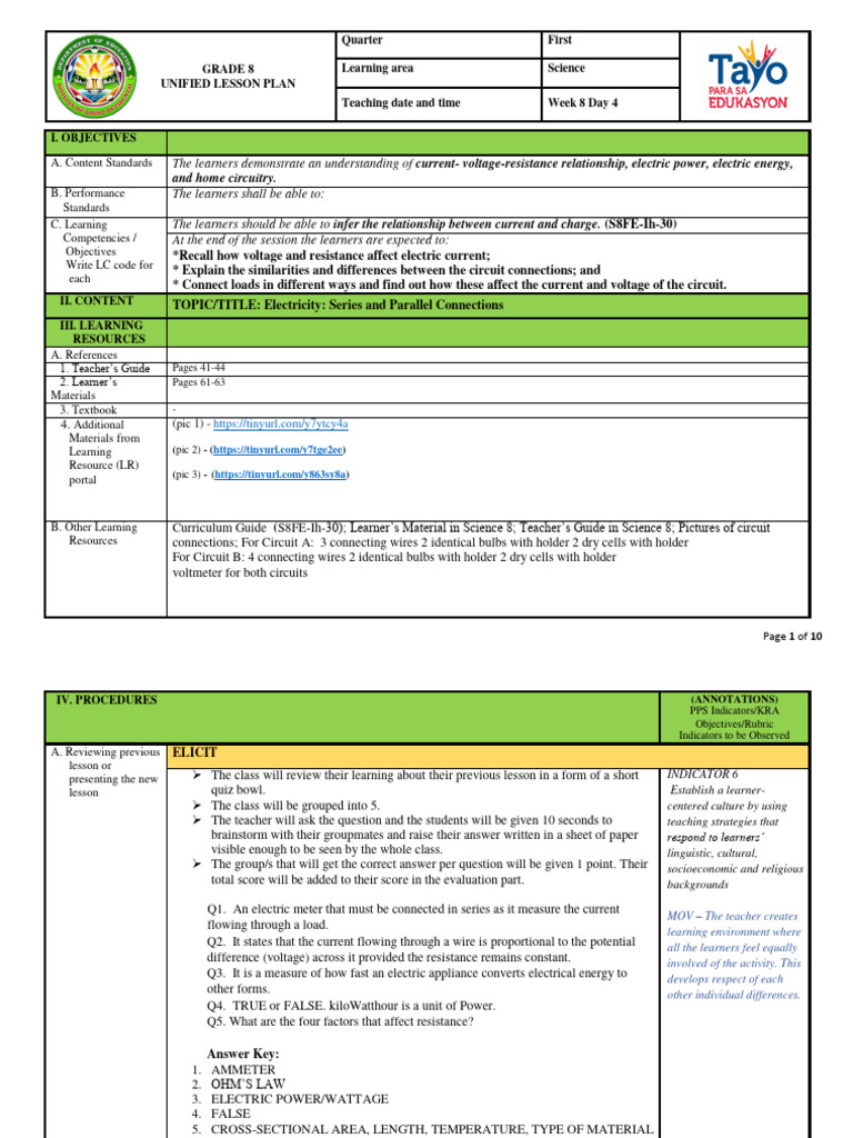 Grade 8 - 1ST Quarter - Week 8 - Day 4 | PDF | Series And Parallel ...