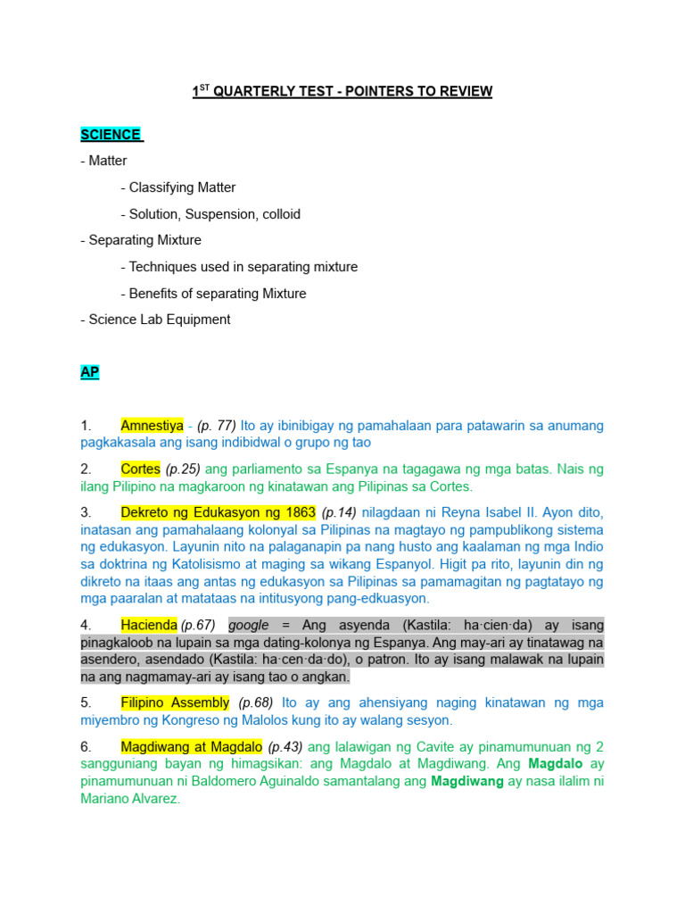 1st Quarterly Test POINTERS | PDF
