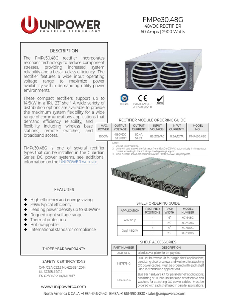 Unipower FMPe30.48G 2900W Rectifier Module | PDF | Rectifier | Electrical Engineering