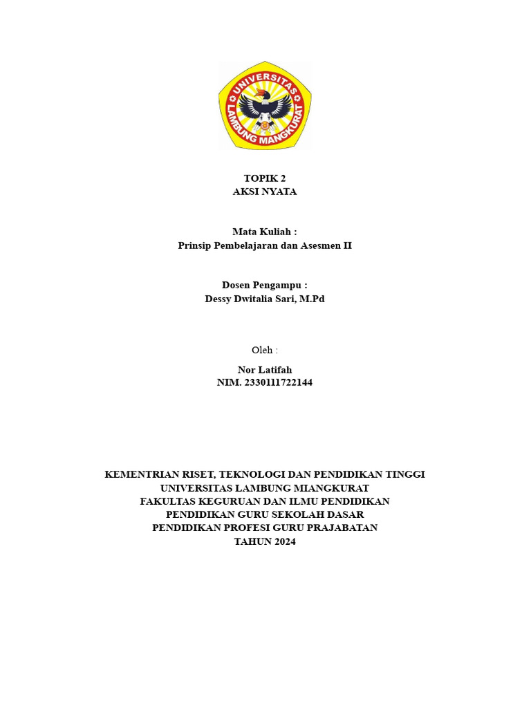 07 02.02.b.3-T2-7-A Aksi Nyata Tugas 2.3 Refleksi Dan Rencana Tindak Lanjut - Nor Latifah | PDF