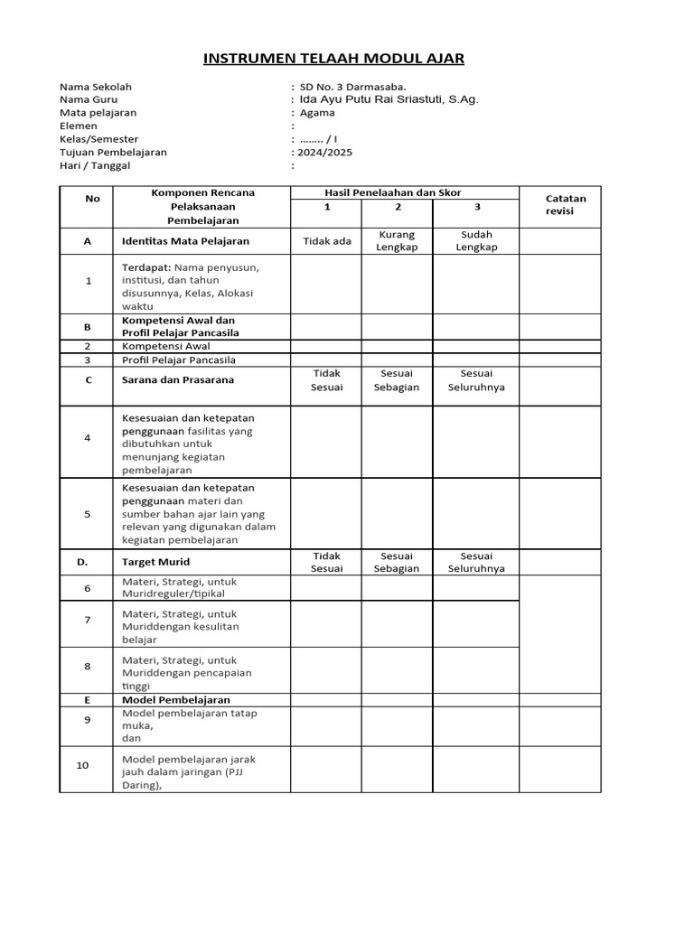 Instrumen Telaah Modul Ajar New | PDF