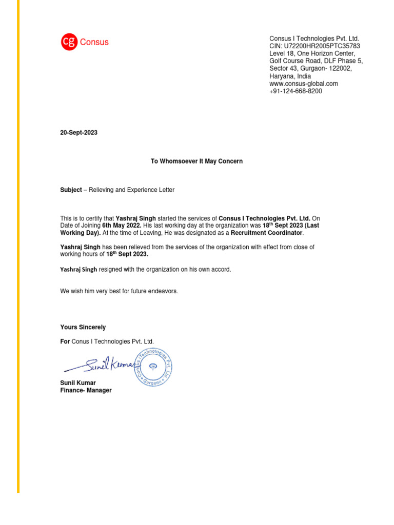 Relieving Letter_Yashraj Singh | PDF Relieving Letter_Yashraj Singh | PDF