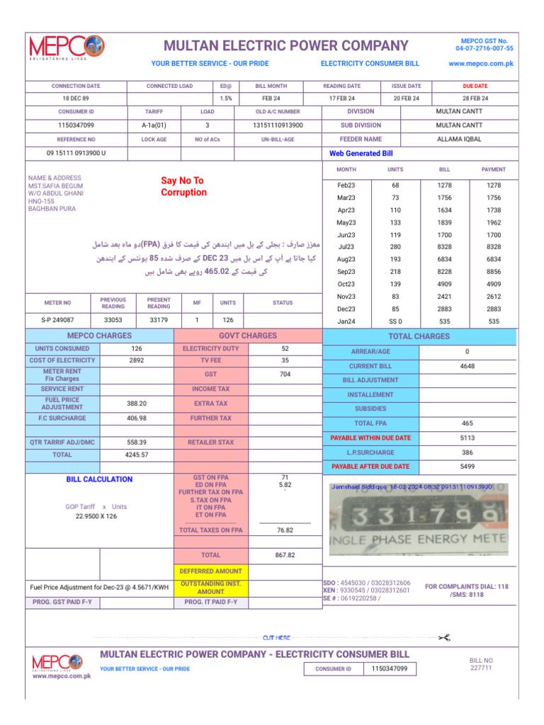 MEPCO Electricity Bill Summary Feb 2024 | PDF | Taxes | Fee