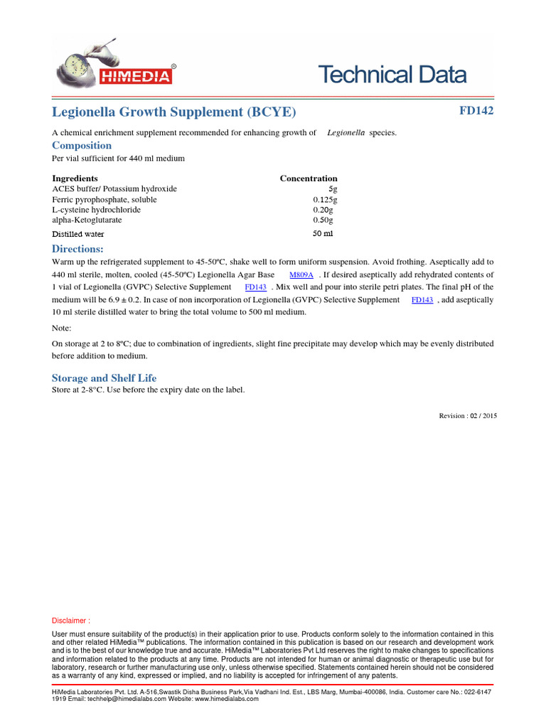 TDS - FD142 - Legionella Growth Supplement (BCYE) | PDF | Chemistry