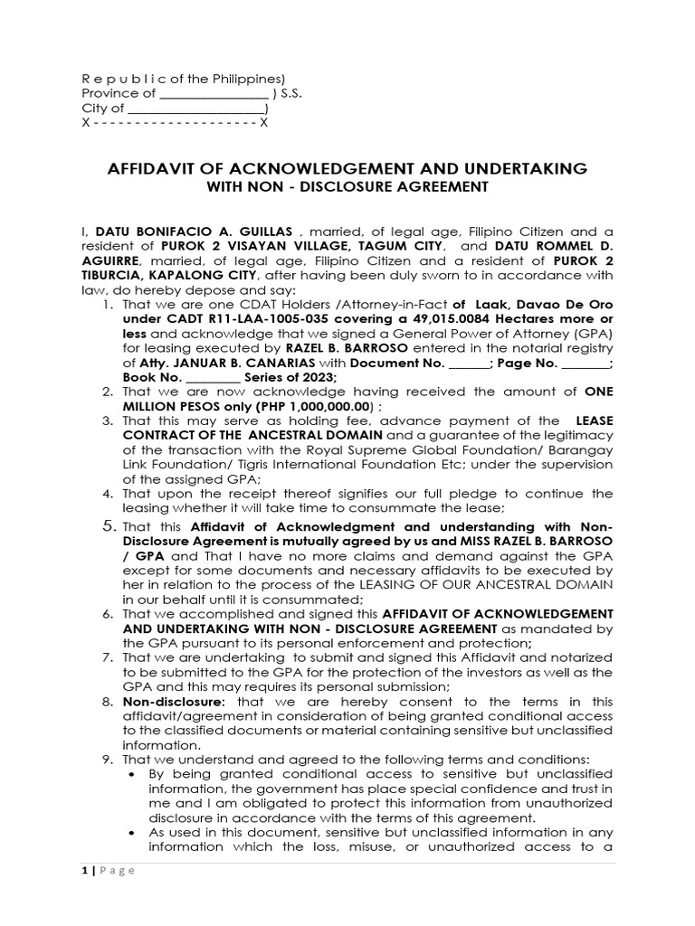 2 Affidavit of Acknowledgement and Understanding With NDA CADT | PDF ...