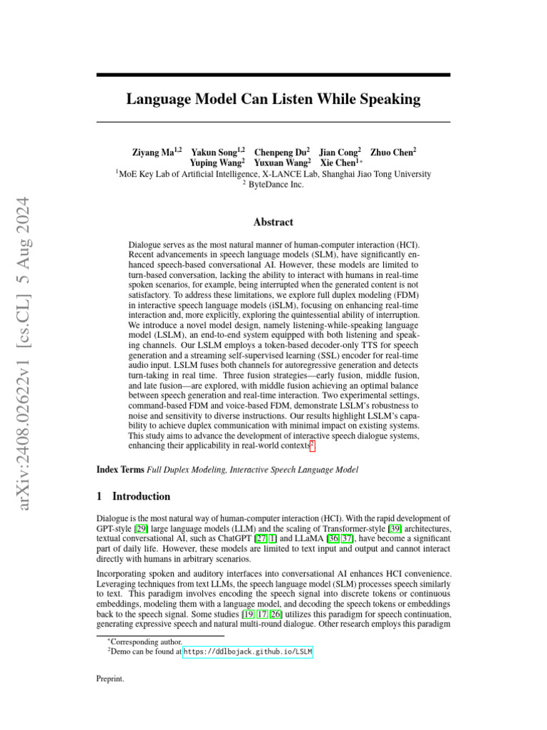 Language Model Can Listen While Speaking: Corresponding Author. Demo ...