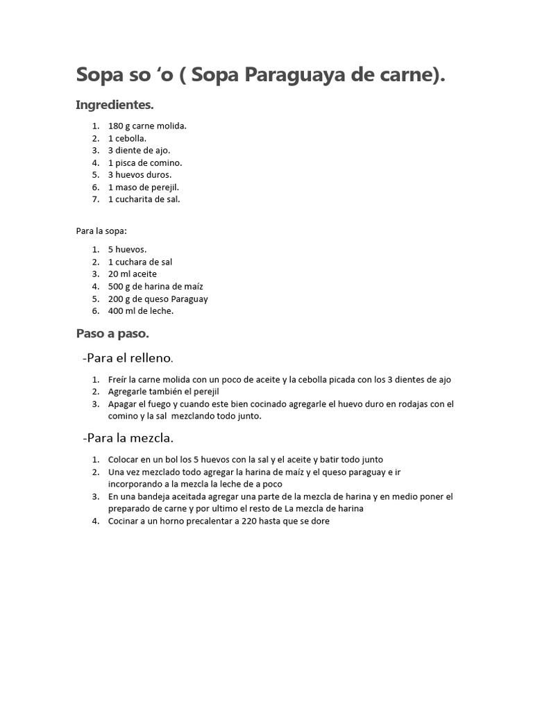 Receta de Sopa So'o Paraguaya | PDF
