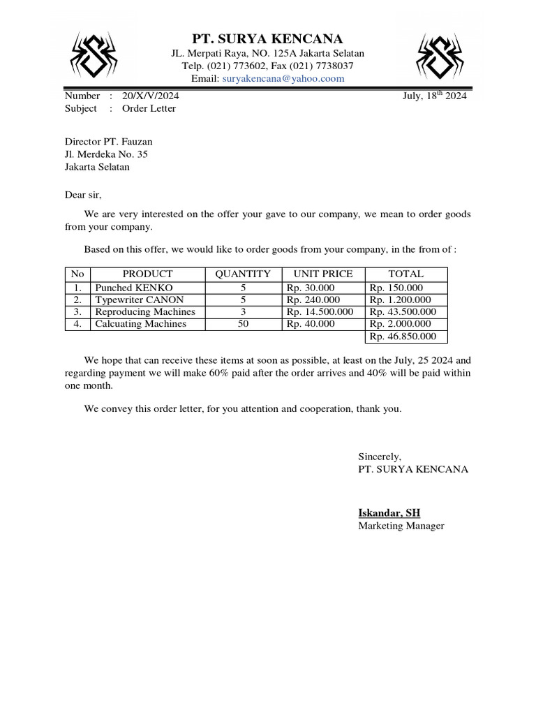 Surat Bahasa Inggris - Order & Delivery | PDF | Office Equipment ...
