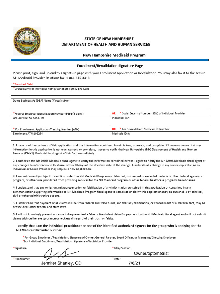 NH Medicaid Enrollment Signature Page | PDF | Social Security Number ...