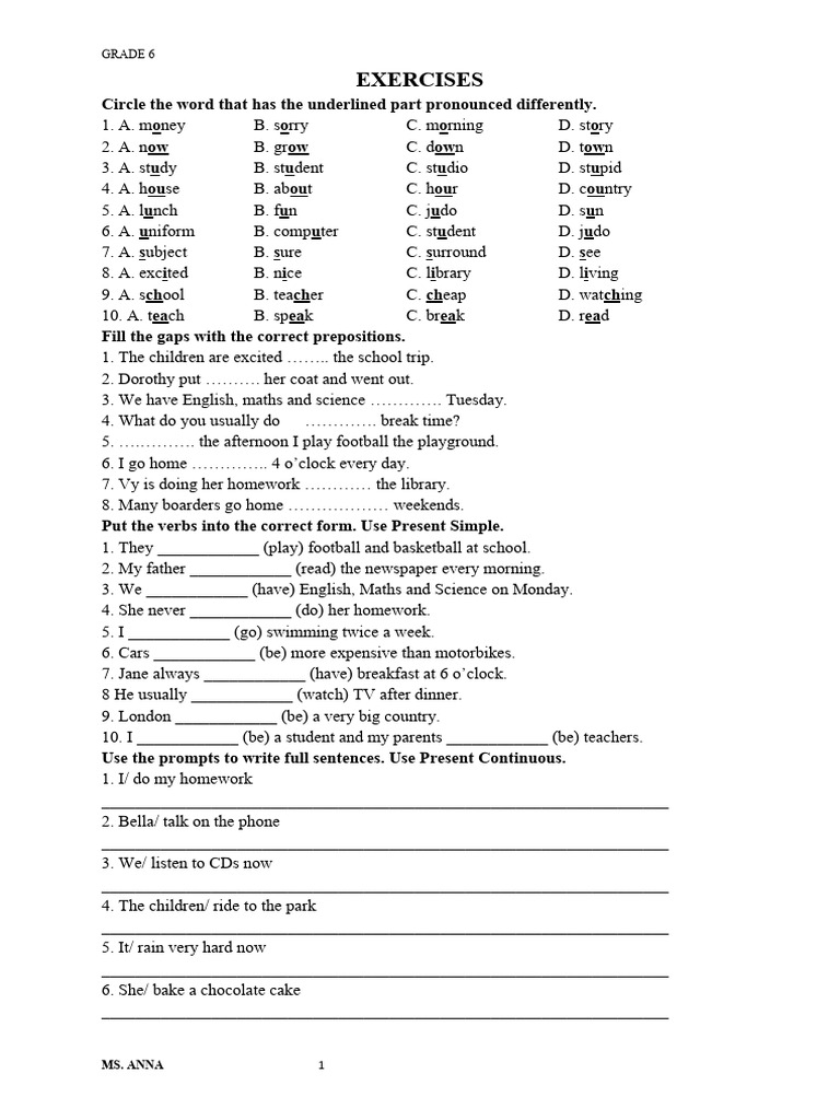 Exercises For Grade 6 | PDF