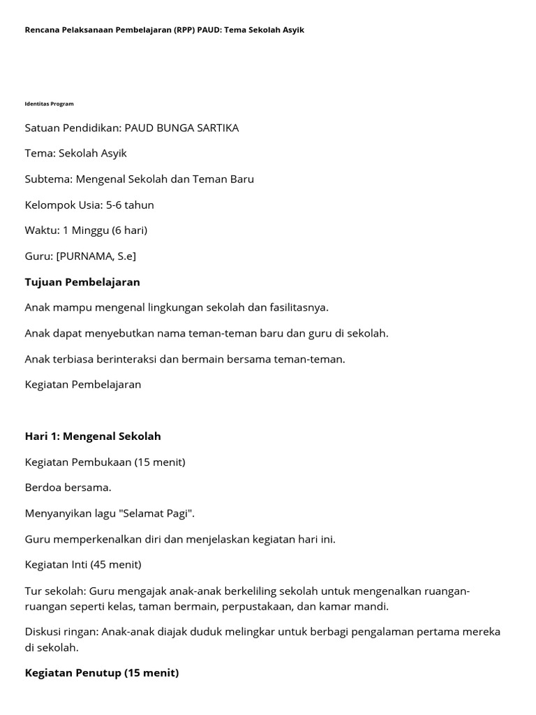 RPP PAUD: Tema Sekolah Asyik | PDF