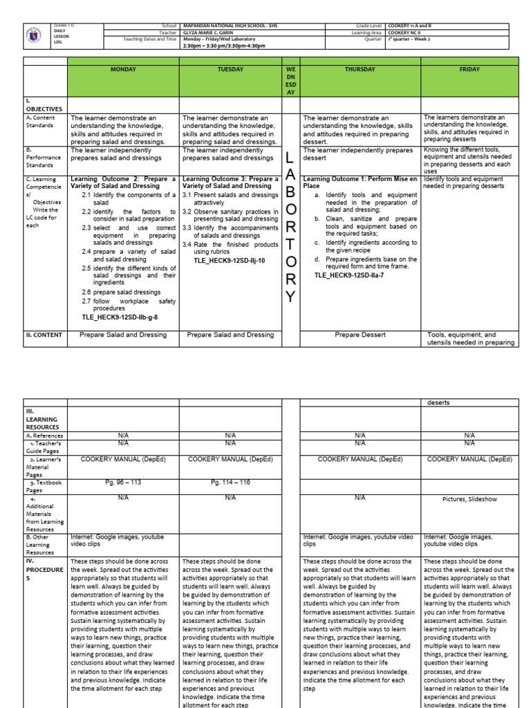 COOKERY DLL Week 2 | PDF | Learning | Salad