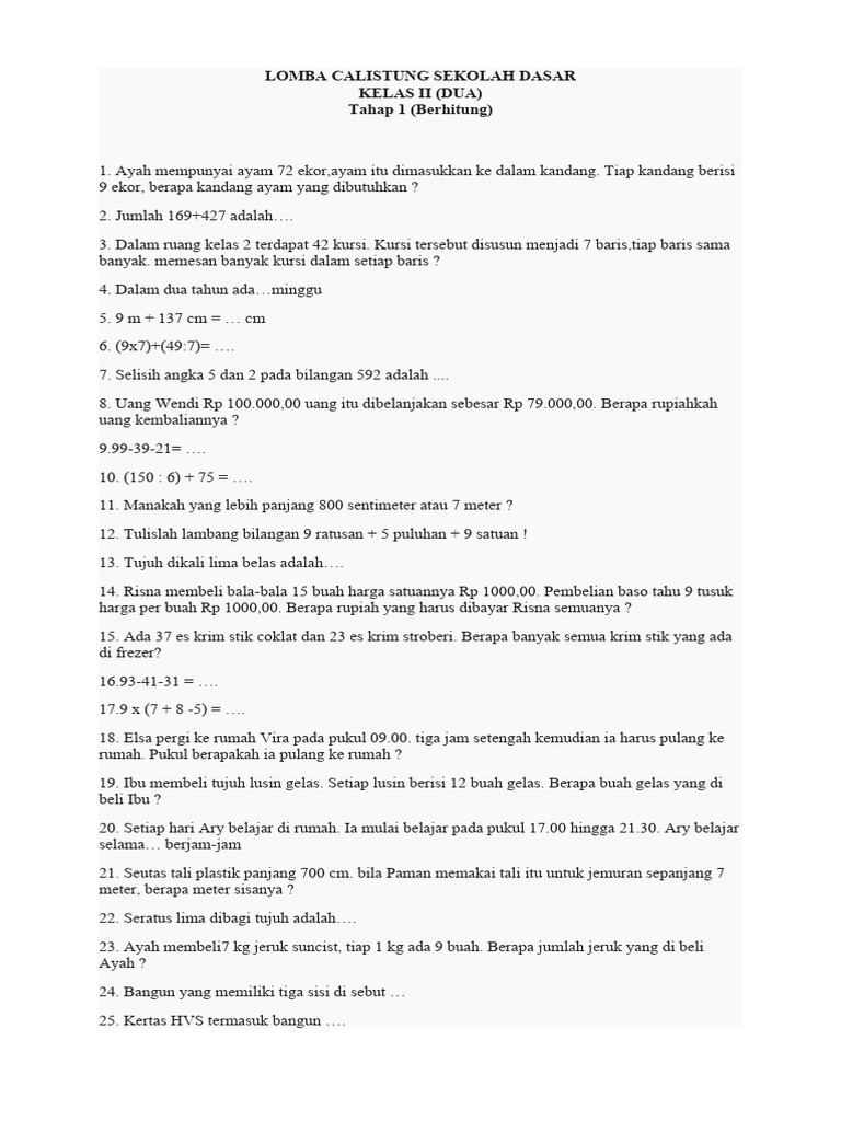 Soal Calistung Kelas 2 Tahap 1 | PDF