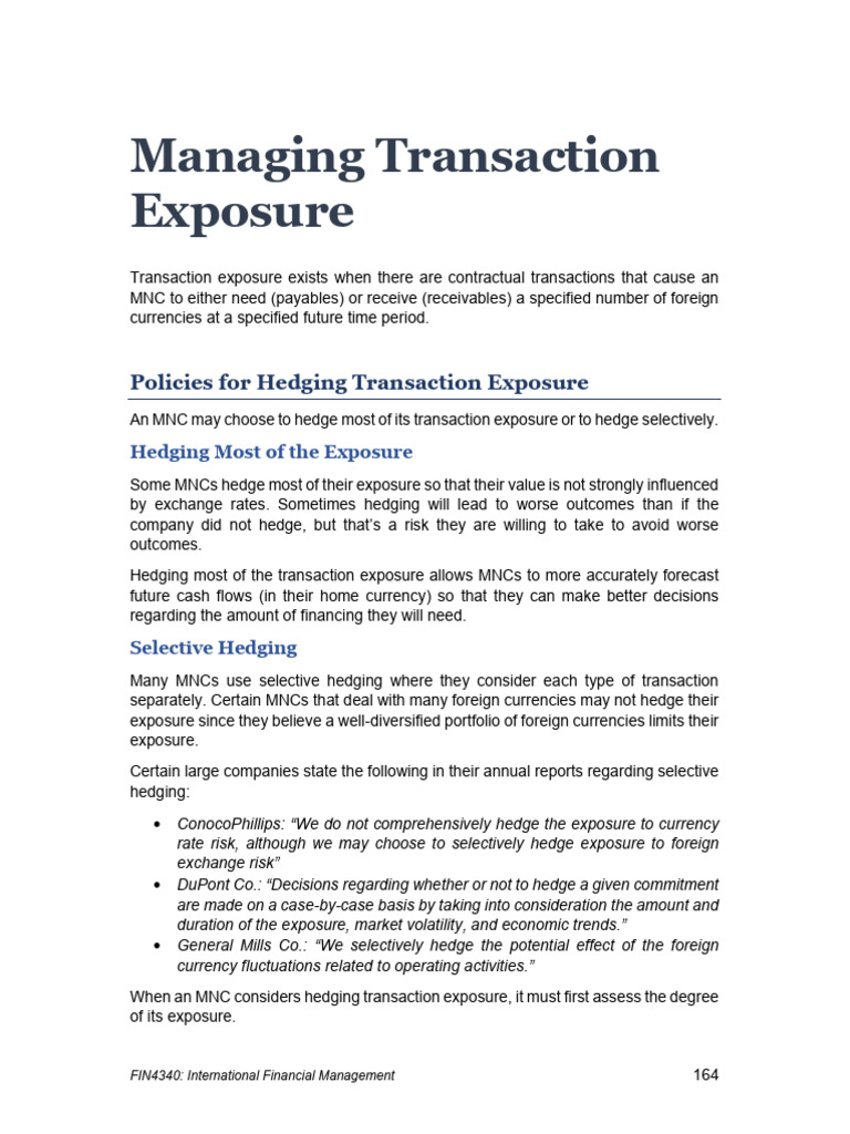 FIN 4340 - Managing Transaction Exposure | PDF | Hedge (Finance ...
