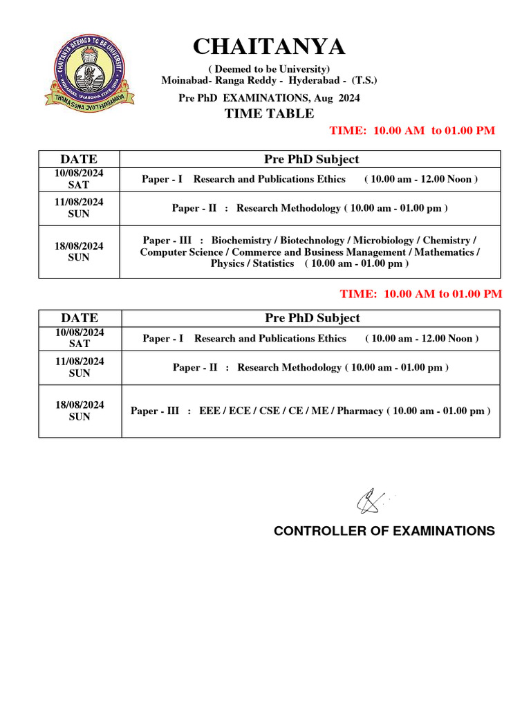 Pre Phd Examinations Time Table Aug 2024 | PDF
