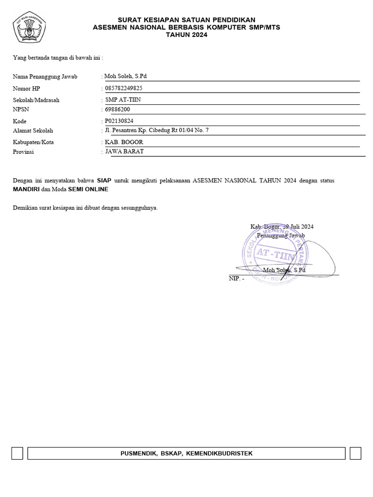 SURAT PERNYATAAN ANBK 2024 | PDF