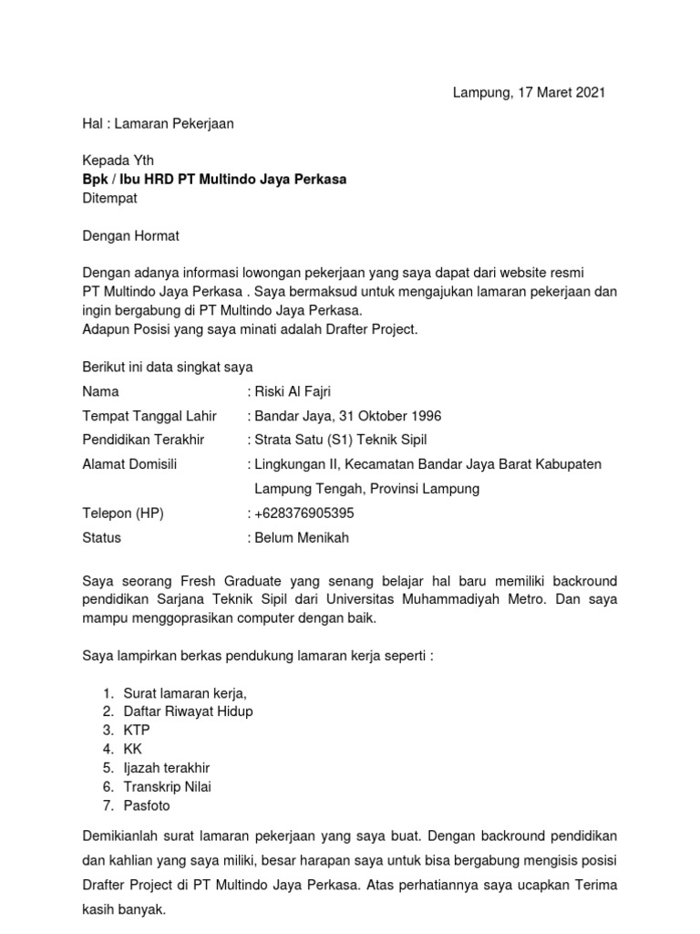 Lamaran PT Multindo Jaya Perkasa | PDF