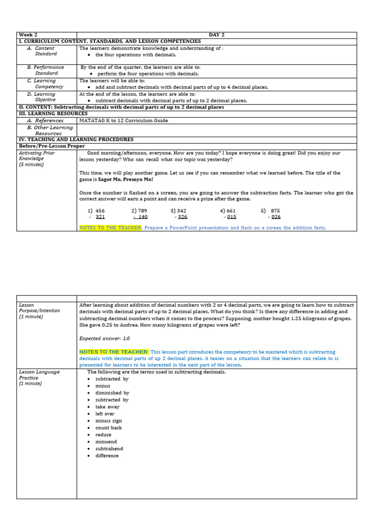 Week 2 Day 2 I. Curriculum Content, Standards, and Lesson Competencies ...
