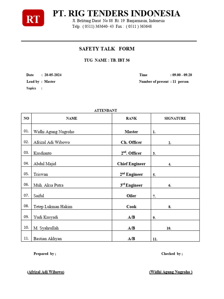 Safety Talk Form for TB. IBT 36 | PDF