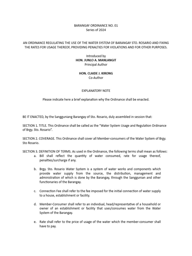 Water System Regulation Ordinance Brgy. Rosario | PDF | Fee | Government