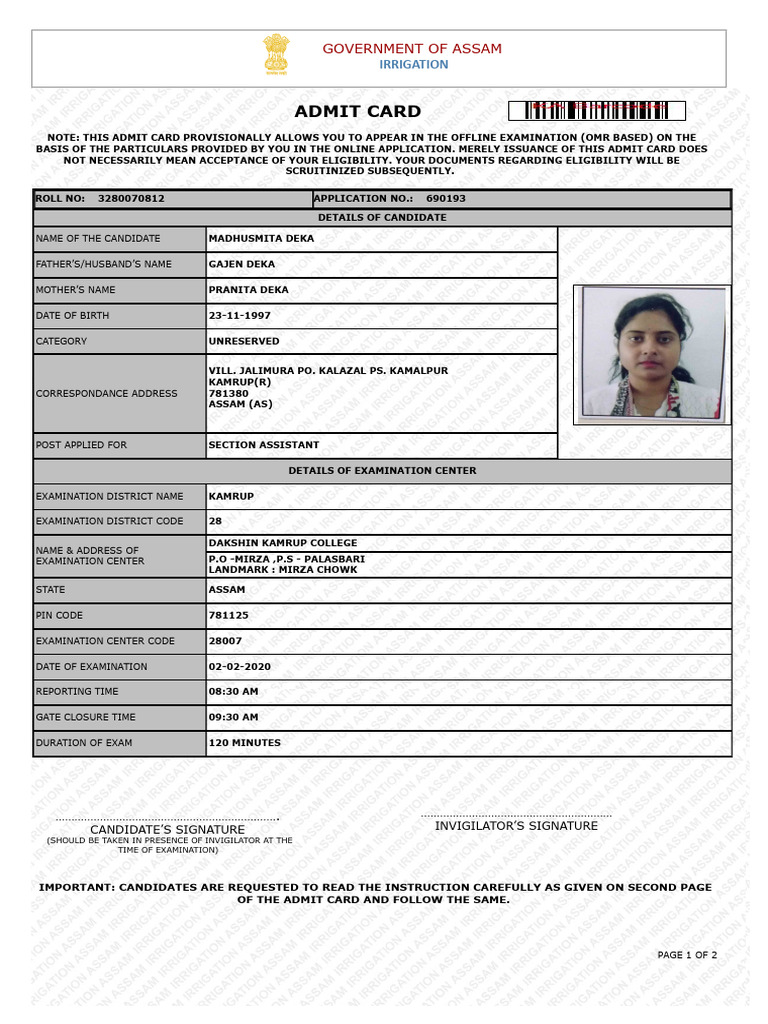 Assam Irrigation Exam Admit Card | PDF | Identity Document
