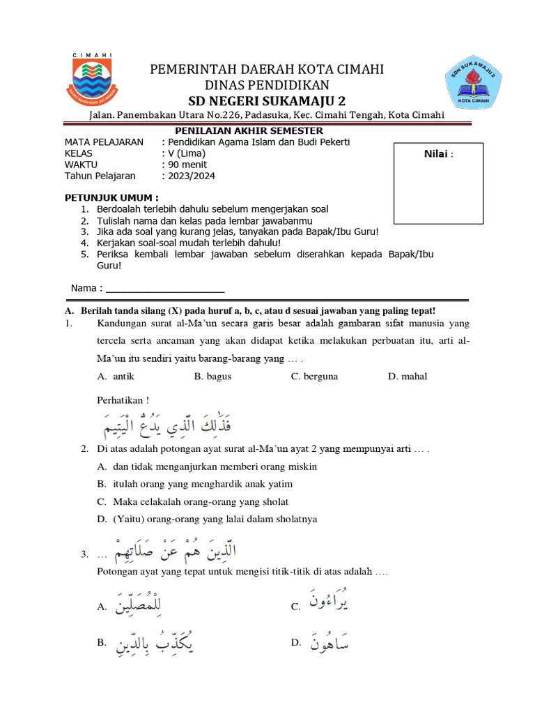 Soal PAS PAI Kelas 5 SD 2023/2024 | PDF