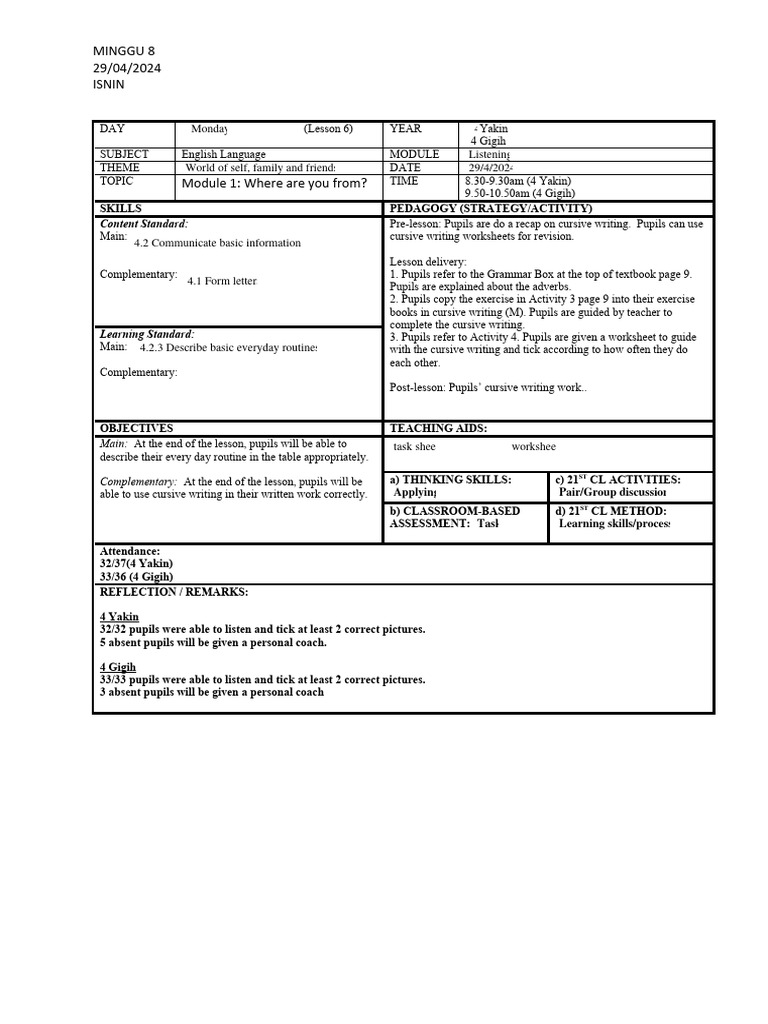 M8 - 29 Apr - Isnin | PDF | Teachers | Question