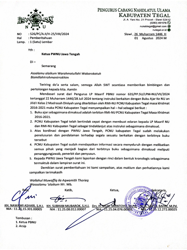 526 - Surat Pemberitahuan PWNU | PDF