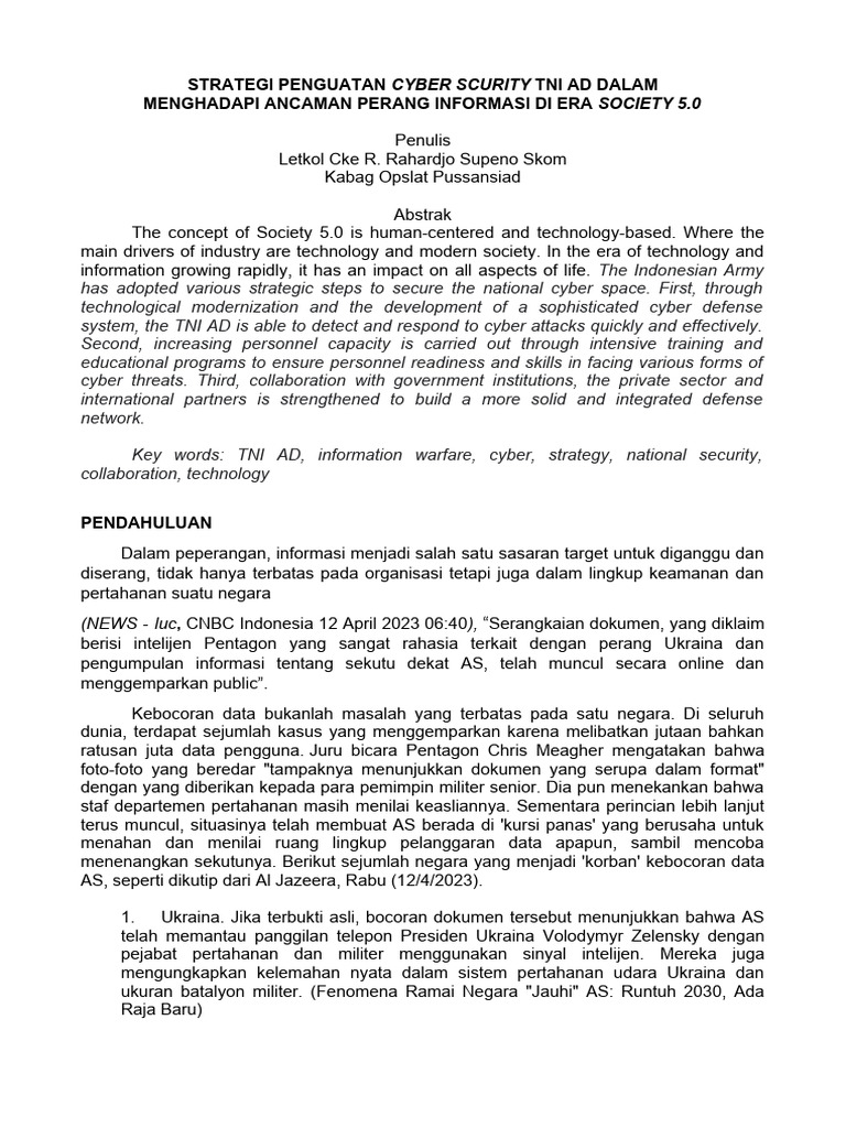 Strategi Cyber Security TNI AD 5.0 | PDF | Politik | Komputer