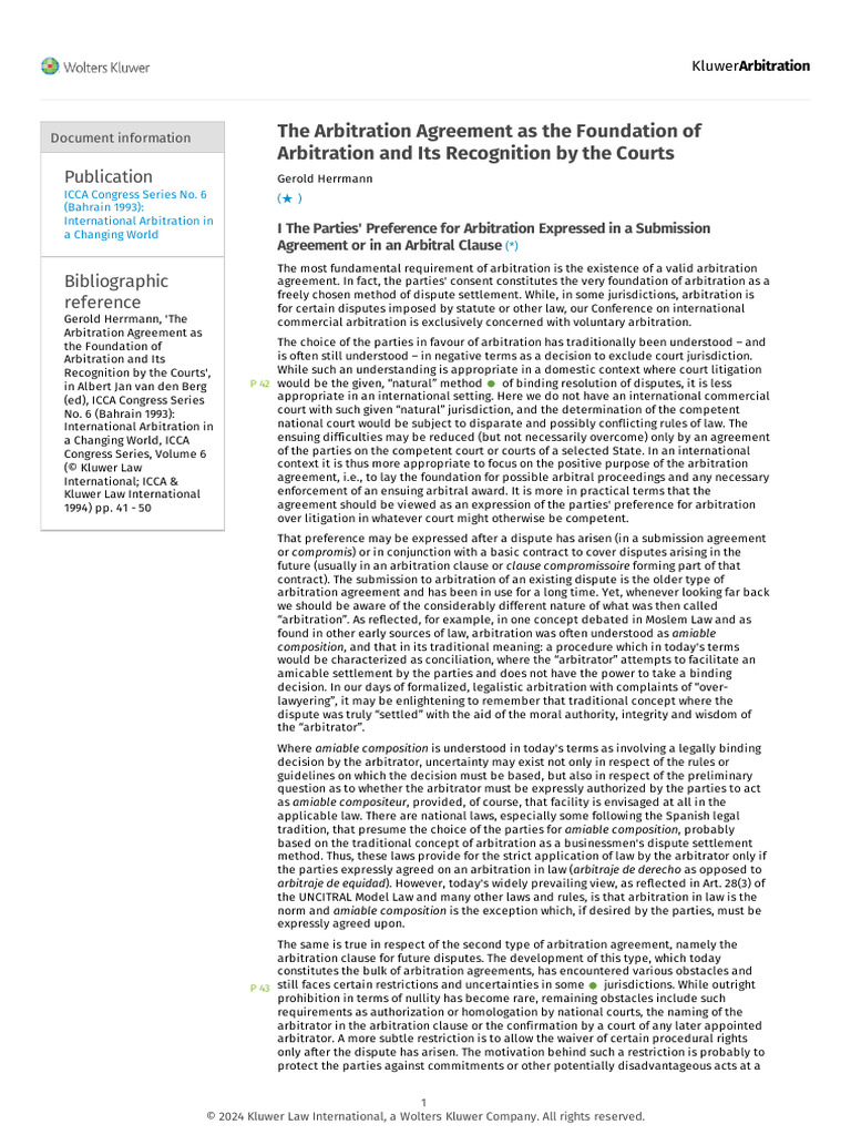 Herrmann, G (1993) The Arbitration Agreement as the Foundation of Arbitration and its ...