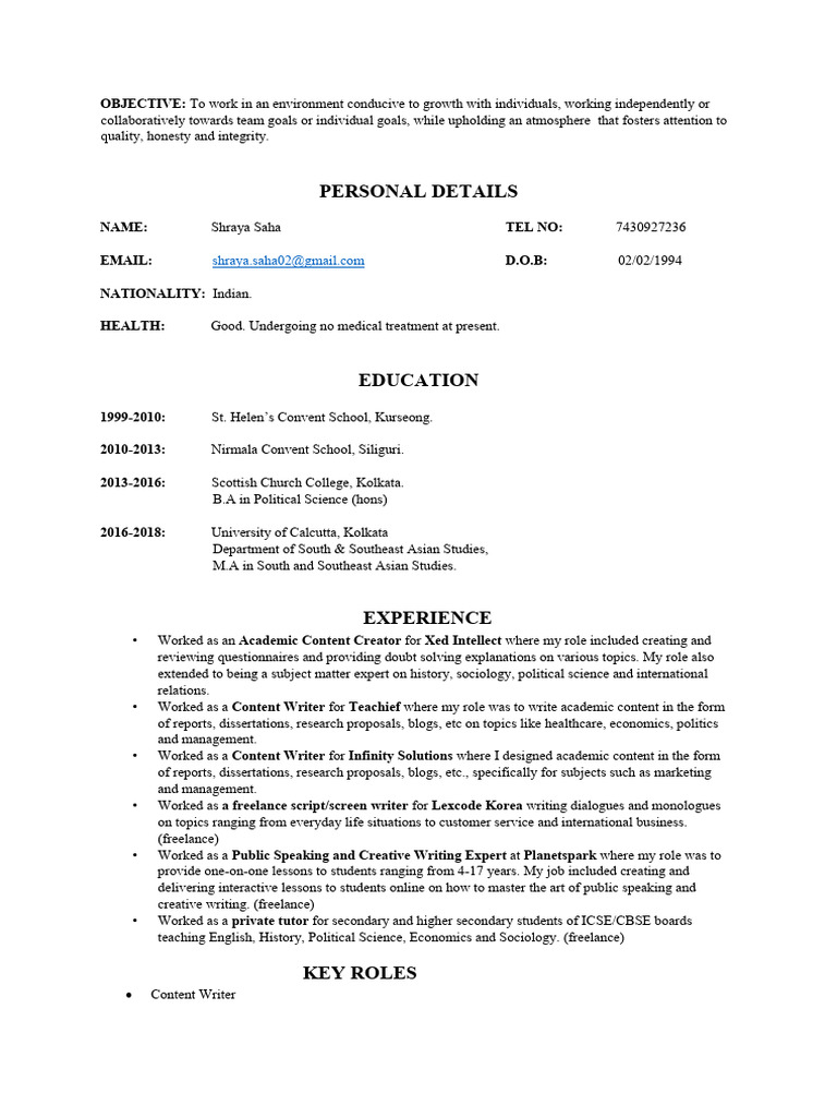 Updated Curriculum Vitae - Shraya Saha | PDF | Science | Human Communication
