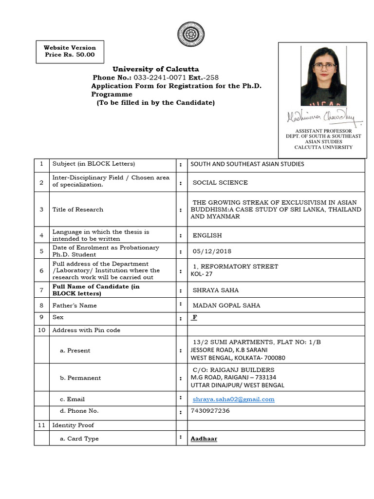 Filled in PHD Application Form | PDF | Doctor Of Philosophy