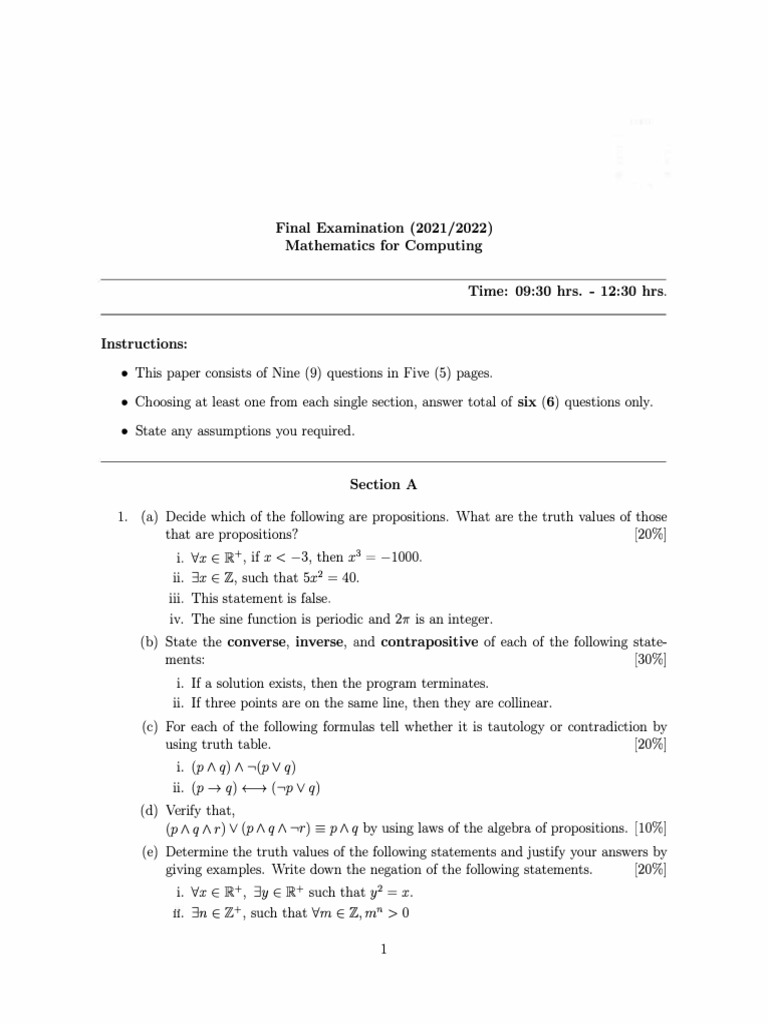 Mathematics for Computing Final Exam | PDF | Mathematical Analysis ...