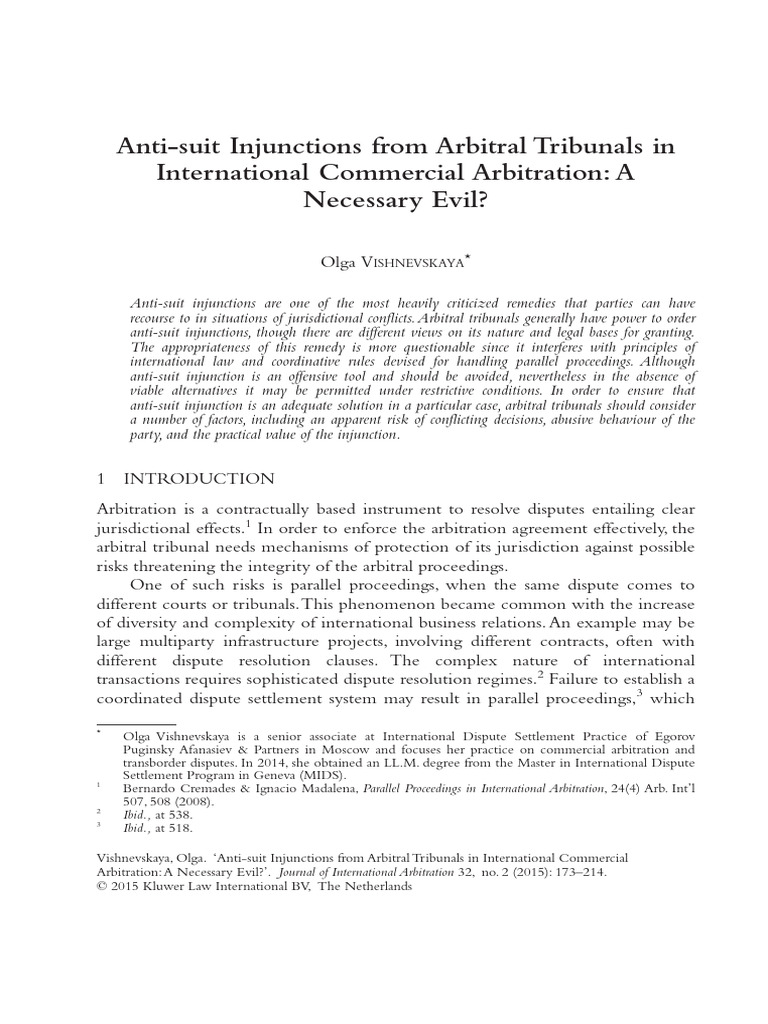 Vishnevskaya, O (2015) Anti-Suit Injunctions From Arbitral Tribunals in ...