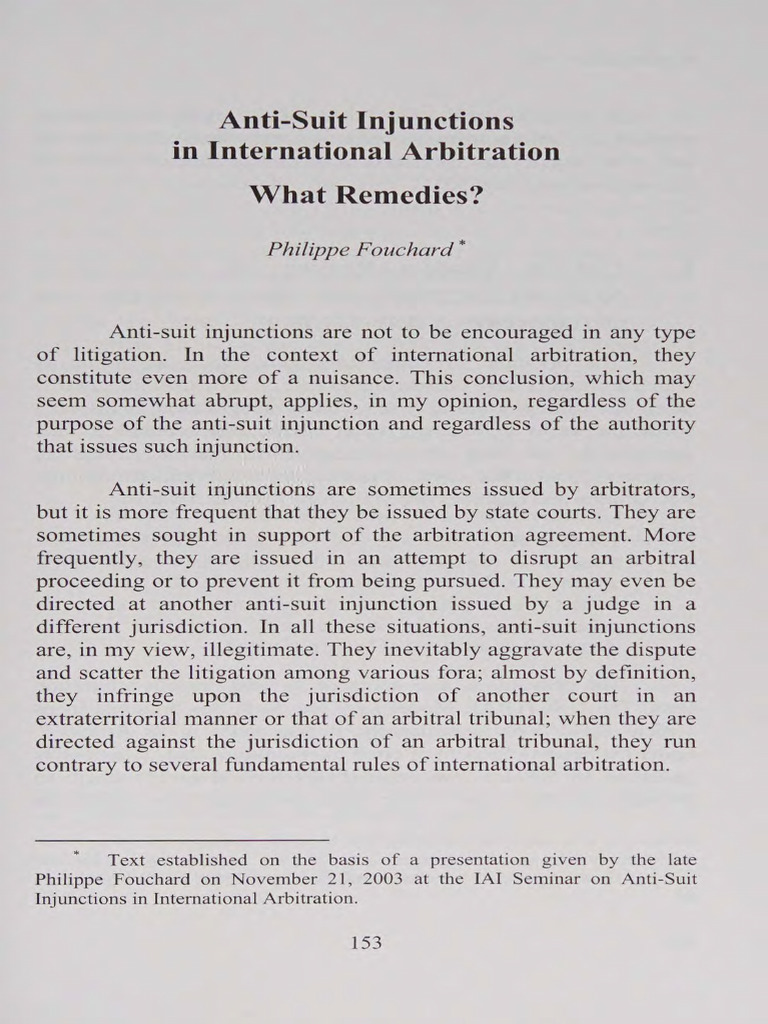 Fouchard, P (2005) Anti Suit Injunctions in International Arbitration | PDF | Arbitration ...