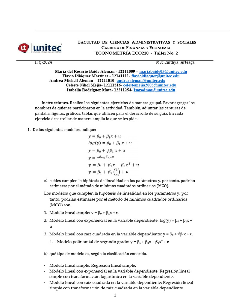 Taller II PARCIAL Q2 - 2024 | PDF | Mínimos cuadrados ordinarios | Métodos matemáticos y ...