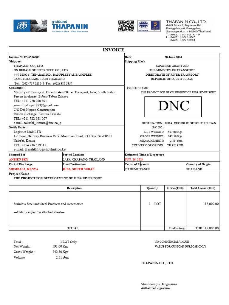 EV6703002 - INV+Packing LCL Thapanin | PDF
