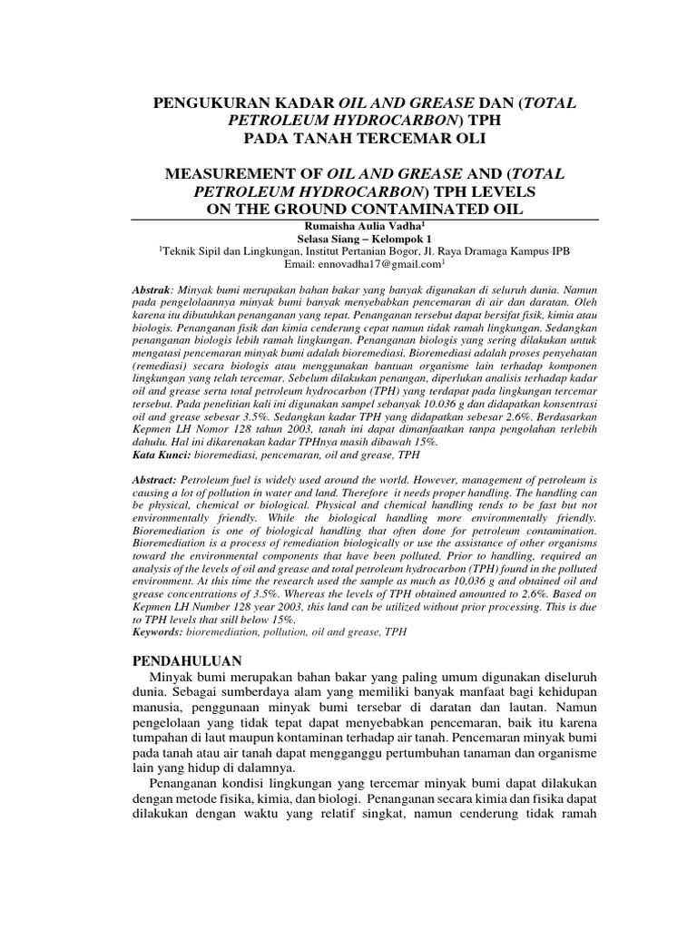 PTLT2 - Laporan Oil and Grease Dan TPH - Rumaisha Aulia Vadha - F44150072 | PDF