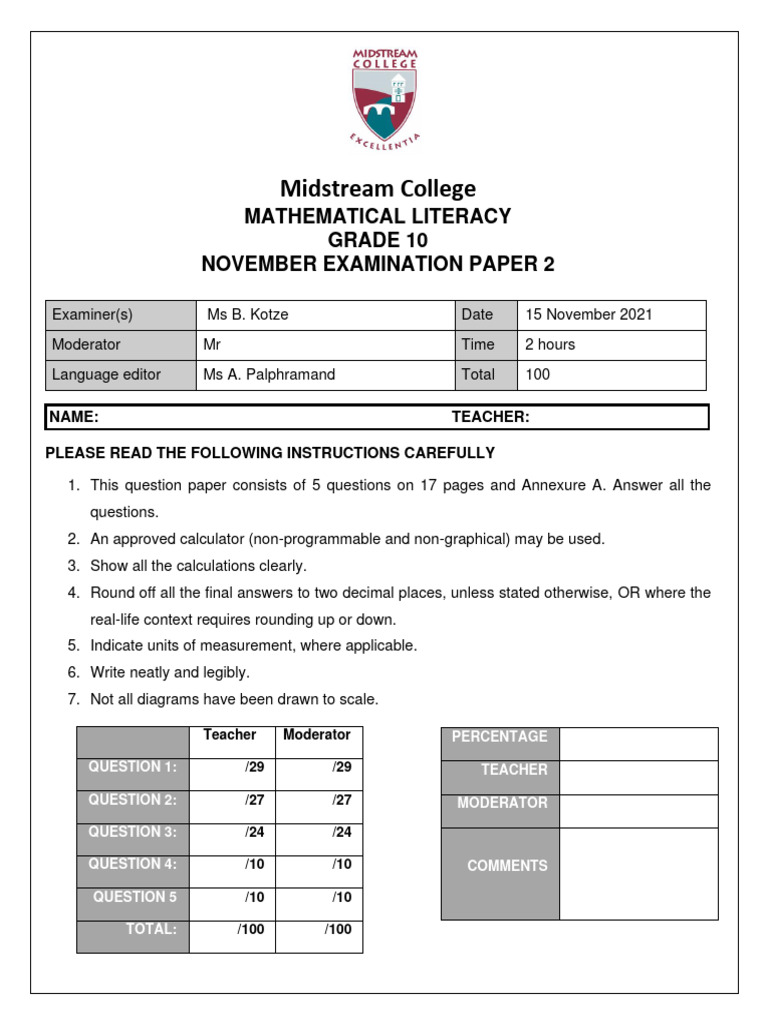 Maths Lit GR 10 MC Nov P2 Exam 2021 Memo | PDF | Area