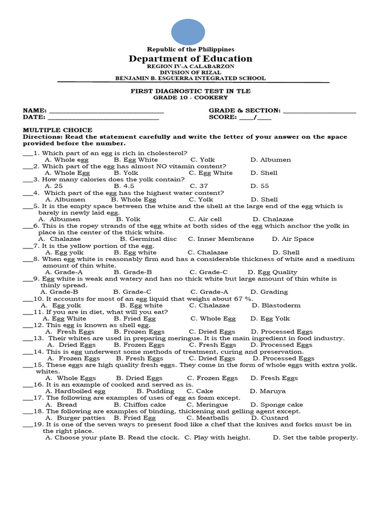 1ST Cookery Diagnostic Test | PDF | Starch | Pasta