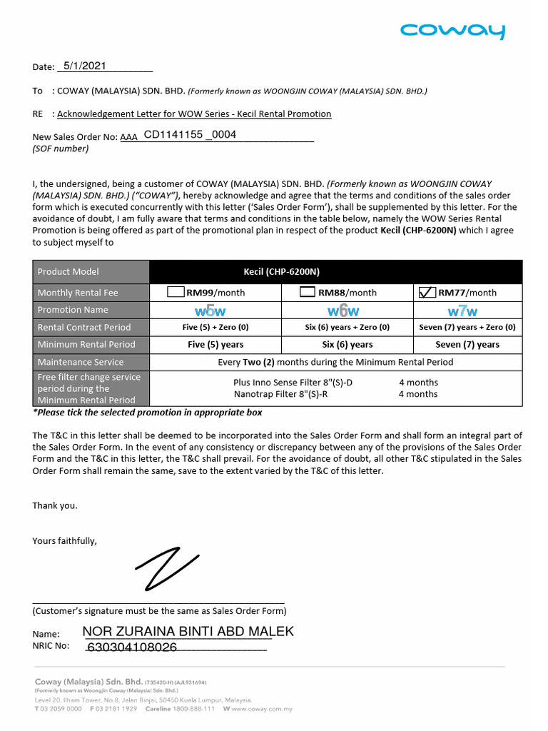 WOW Series - Kecil - Customer Ack. Letter v2 | PDF | Common Law | Private Law
