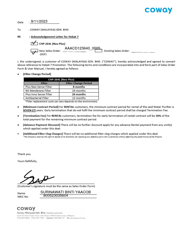 Customer Acknowledgement Letter for Hebat 7 - V102023(1) | PDF
