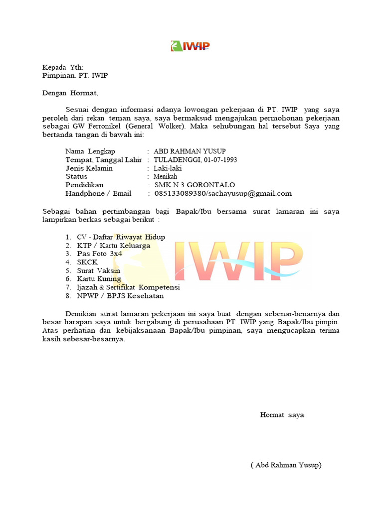 Surat Lamaran Kerja di PT IWIP | PDF | Kesehatan Holistik | Gaya Hidup