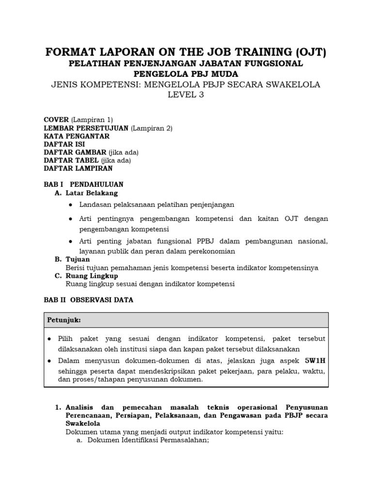 FORMAT LAPORAN OJT JF MUDA 2023 - JK 4 Mengelola PBJP Swakelola | PDF
